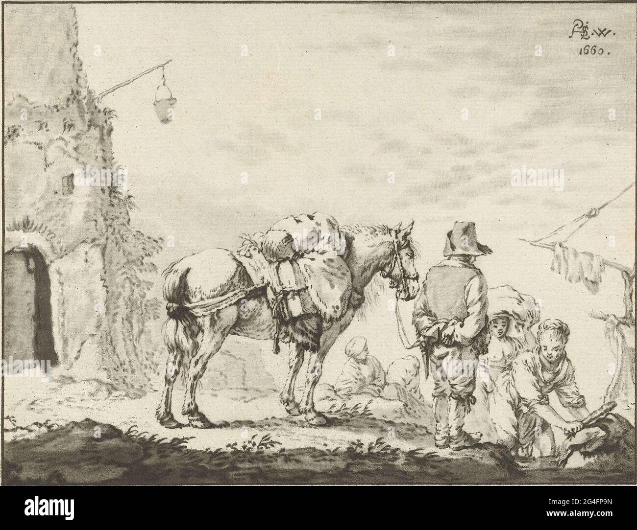 . A man, holds the reins of his horse while he is at a woman who does ...