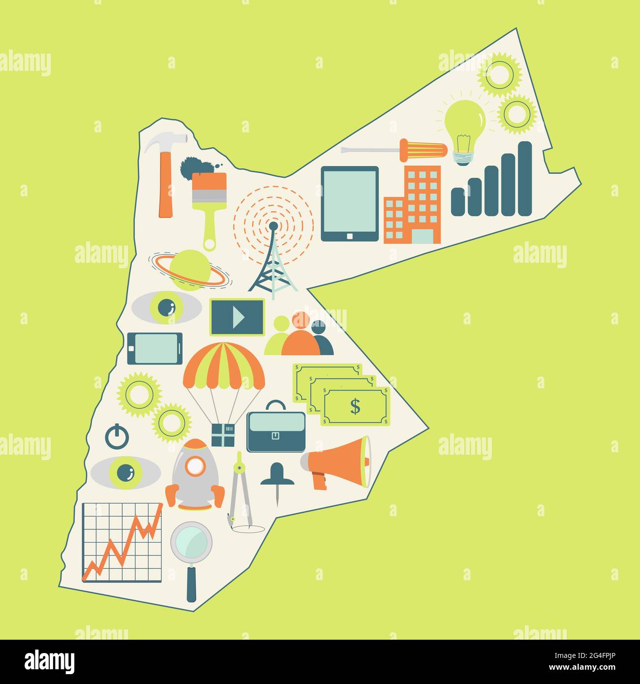 Contour map of Jordan with icons of technology, business, science ...