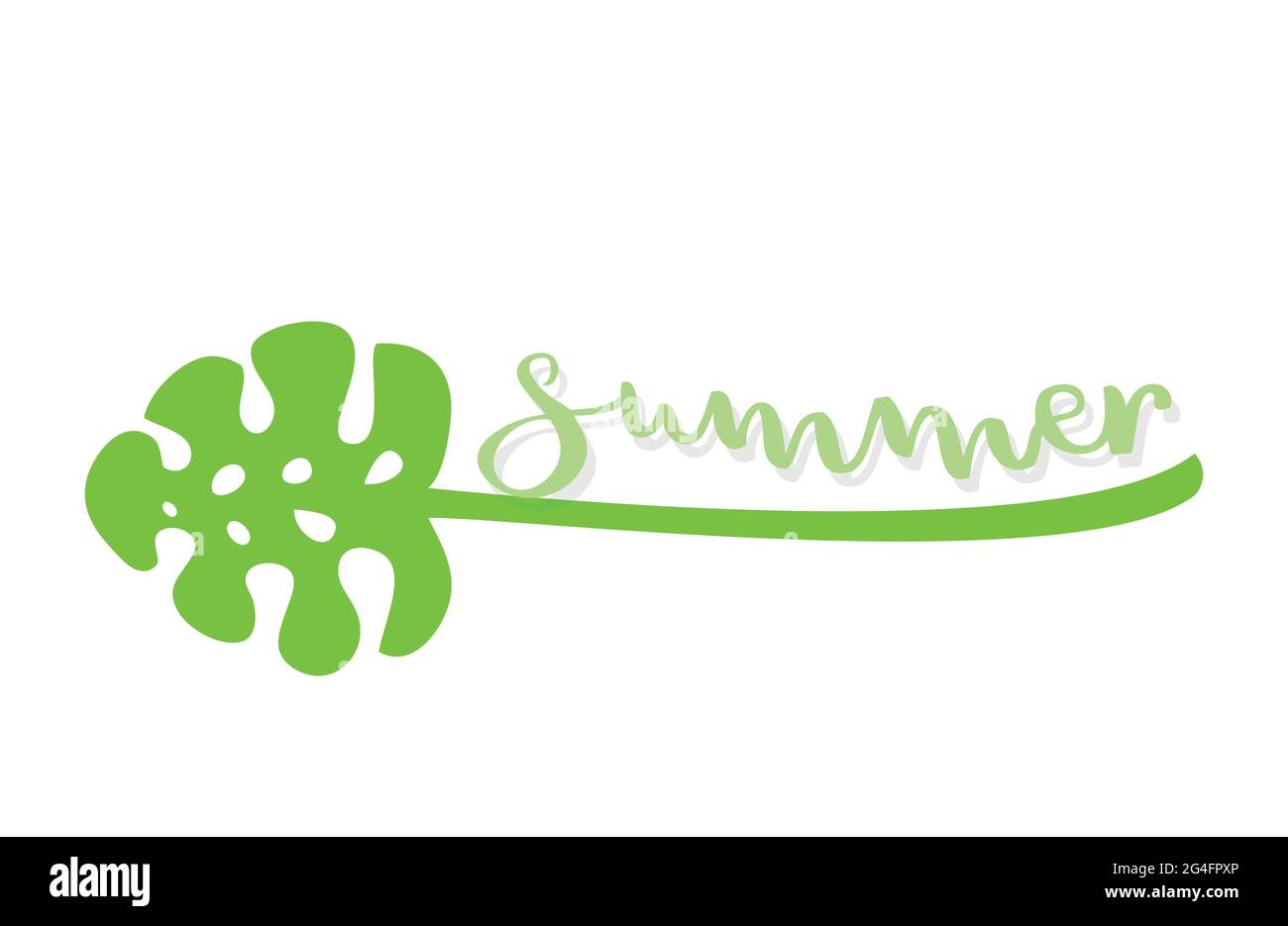 Summer lettering. Monstera leaf. Green color. Vector illustration, flat ...