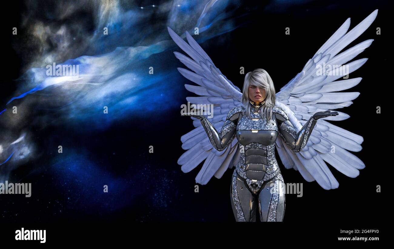Space Winged Girl Angel Man With Burning Wings Symbolizes Fallen