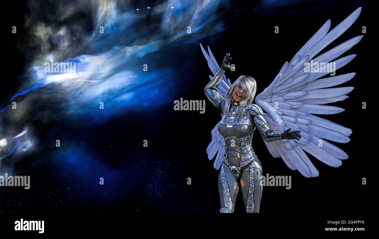 3d illustration of a winged being in a space suit dancing in space with ...