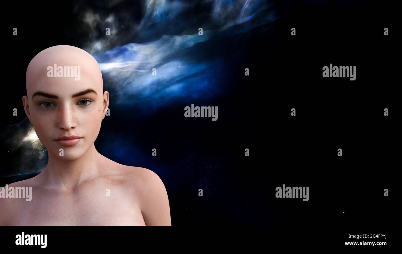 3d illustration of a bald woman in space with a nebula and stars in the background Stock Photo ...