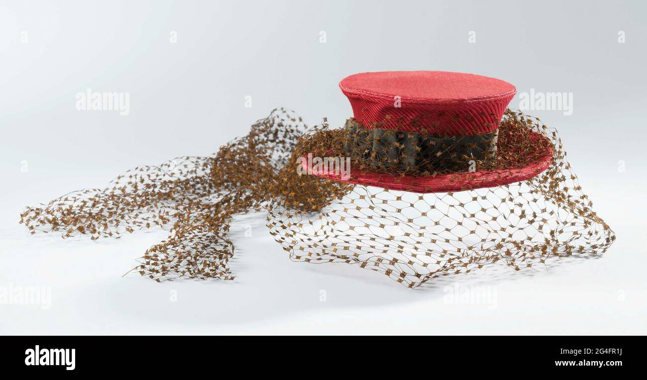 . Small hat of stitched red rips silk with flat sphere and light ...