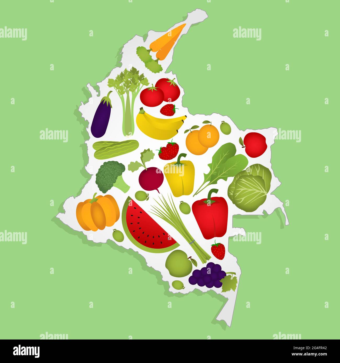 Map of Colombia full of fruits and vegetables (tomato , apple, orange ...