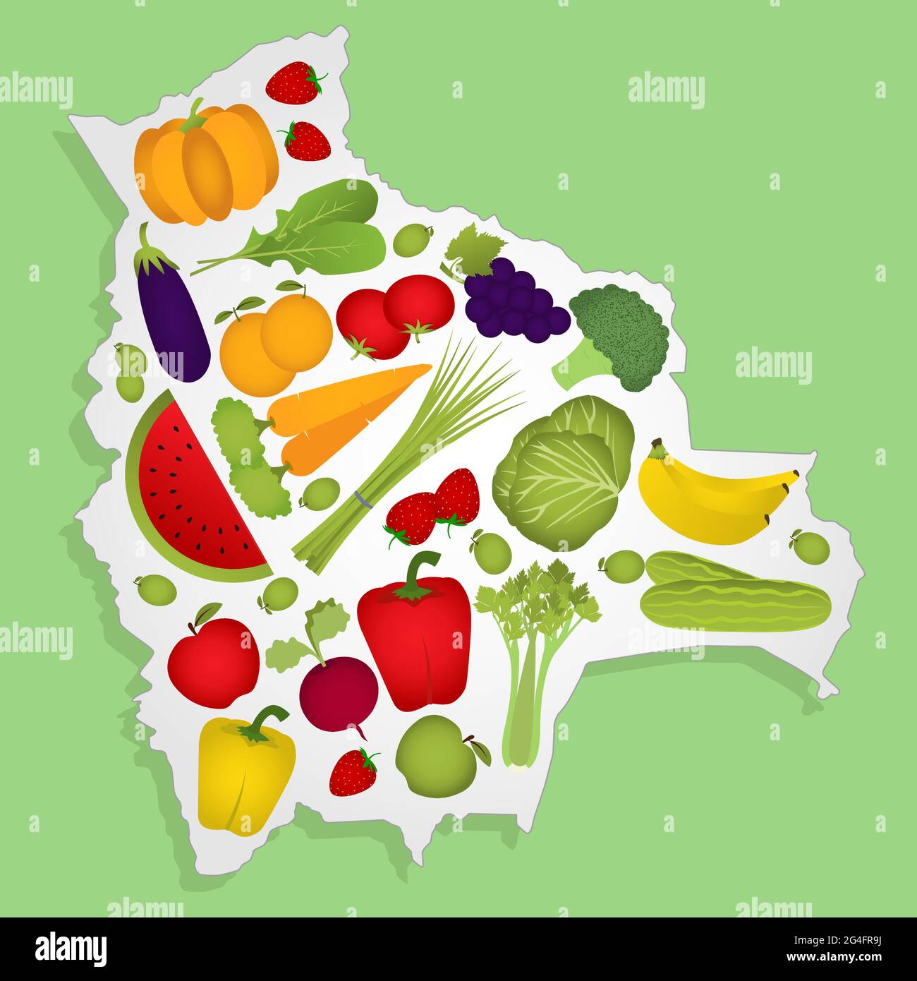 Map of Bolivia full of fruits and vegetables (tomato , apple, orange ...