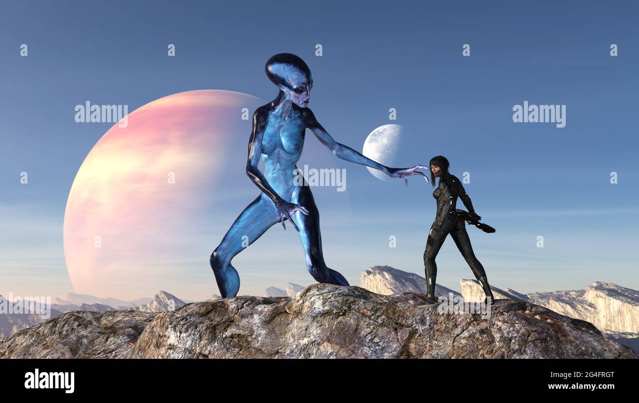 Wide 3d illustration of a futuristic female soldier reeling back in ...
