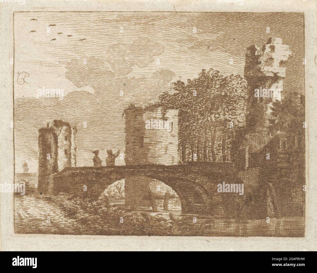 . Landscape with the ruins of a castle. In the middle two figures in ...