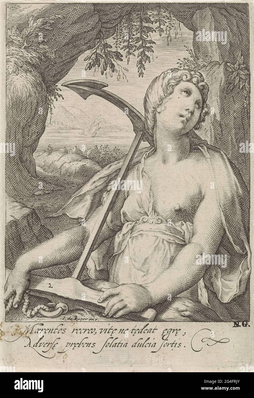 . A woman's figure with an anchor in a landscape as a personification ...