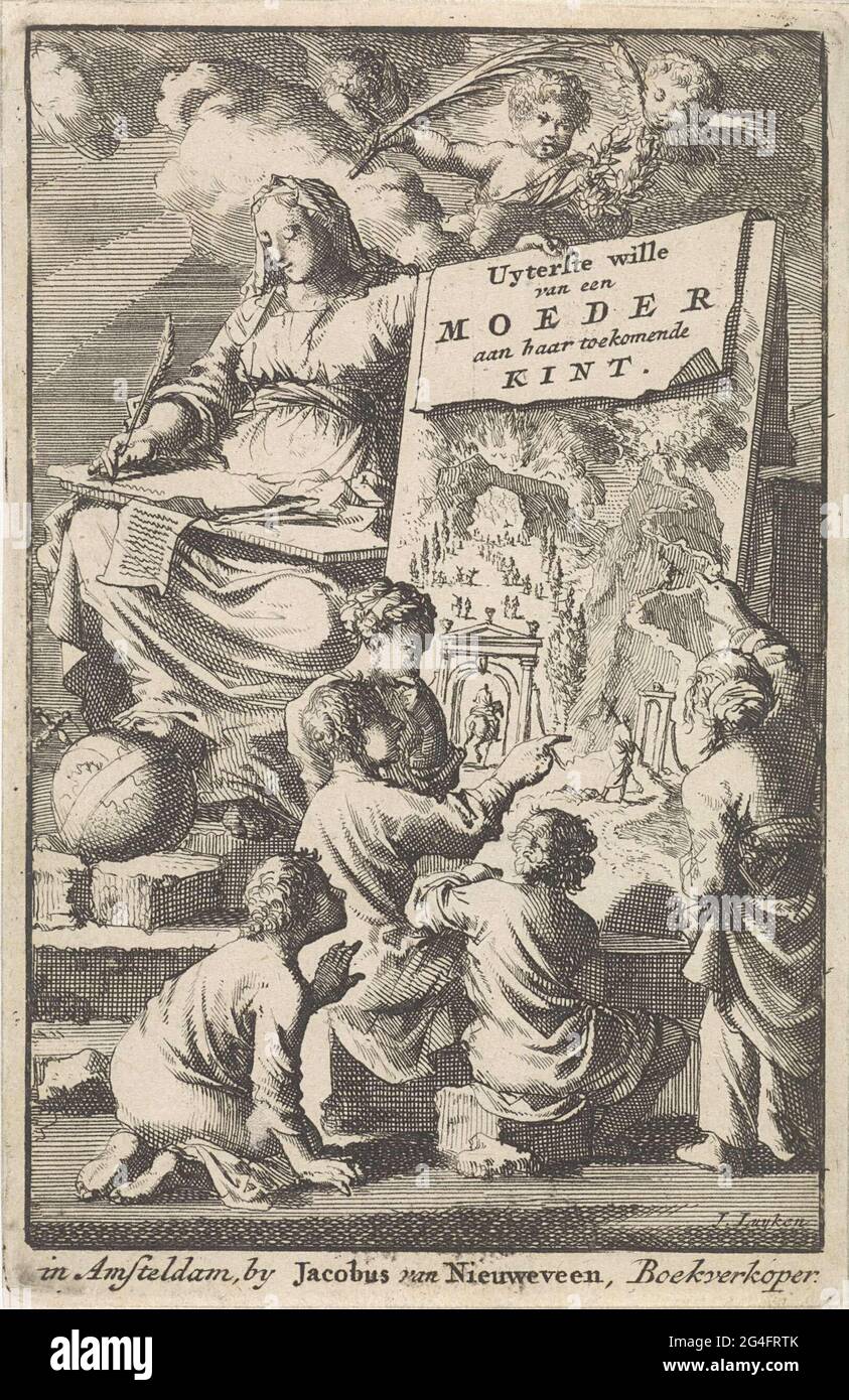 . A woman with a writing table, sitting with a foot on the globe. She ...