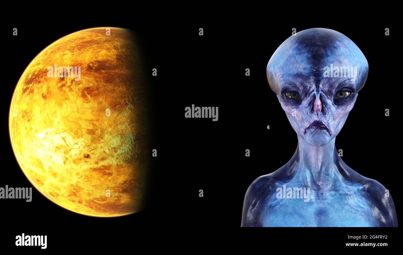3d illustration of a blue alien looking forward with a planet and small ...