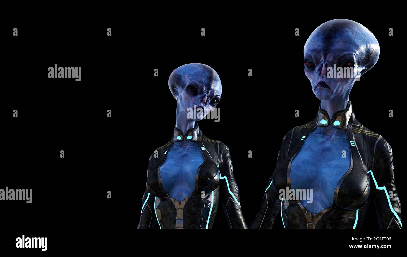 3d illustration of two blue aliens wearing form fitting suits on a ...