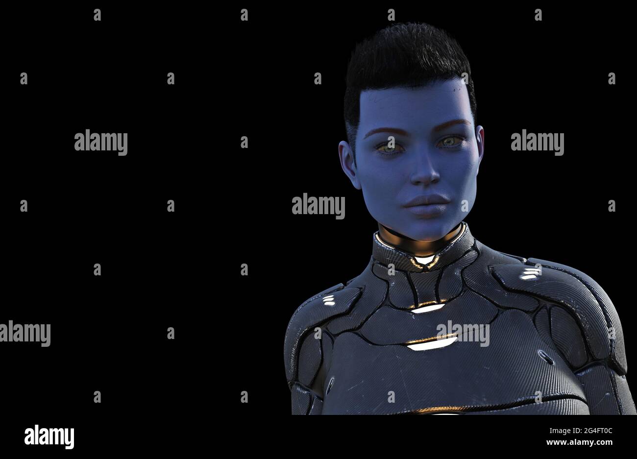 3d illustration of a blue skin with short hair alien wearing a ...