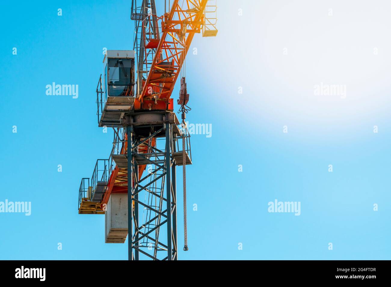 Top of a tower crane with a boom and a cabin for crane operator Stock ...