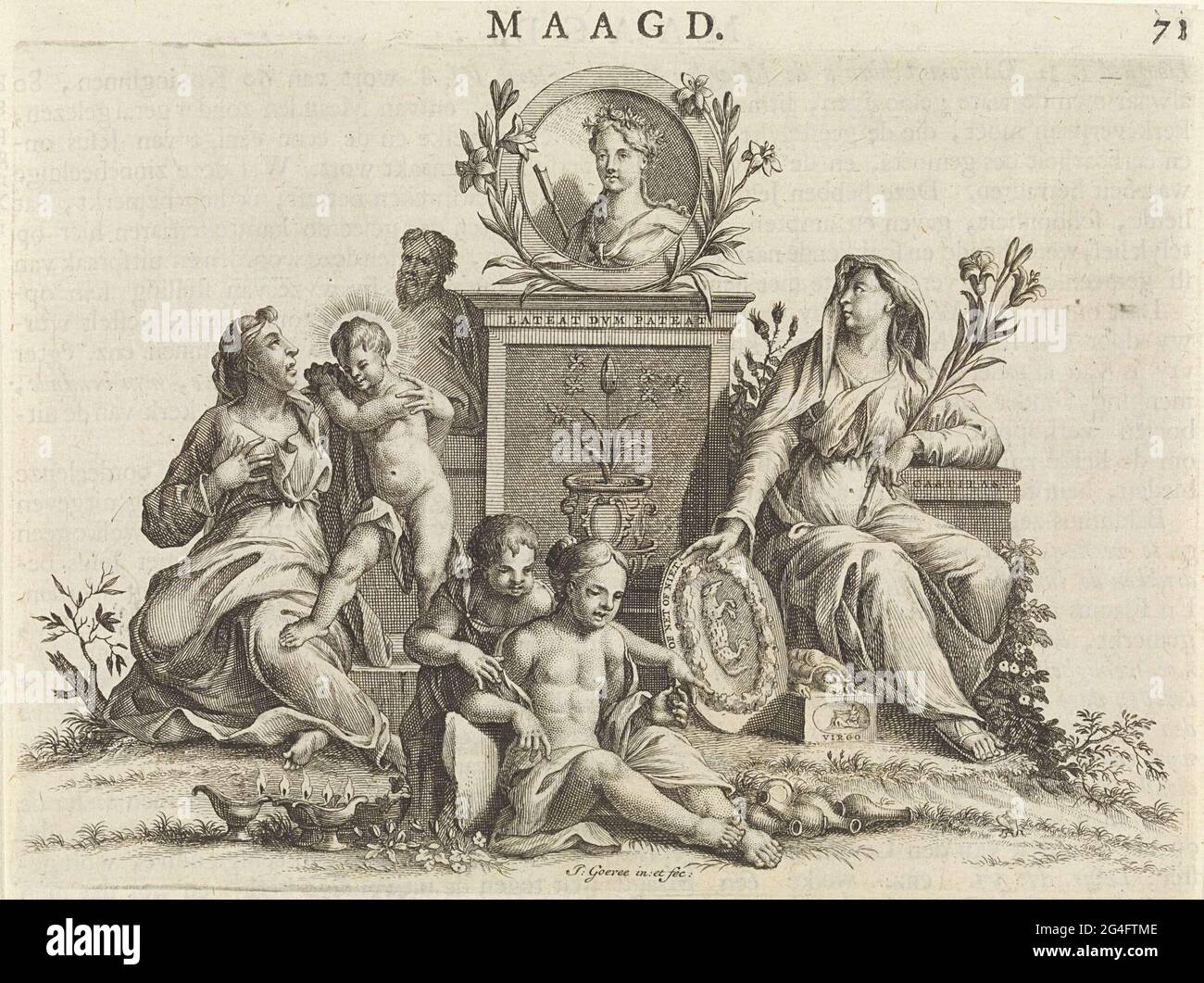 . On top of a pedestal a medallion decorated with flowers with the ...