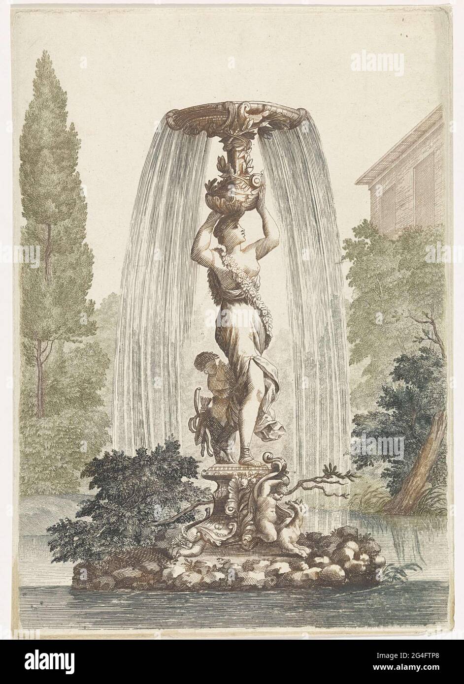 . Fountain with Venus and Amor standing on an ornamental base. Venus ...