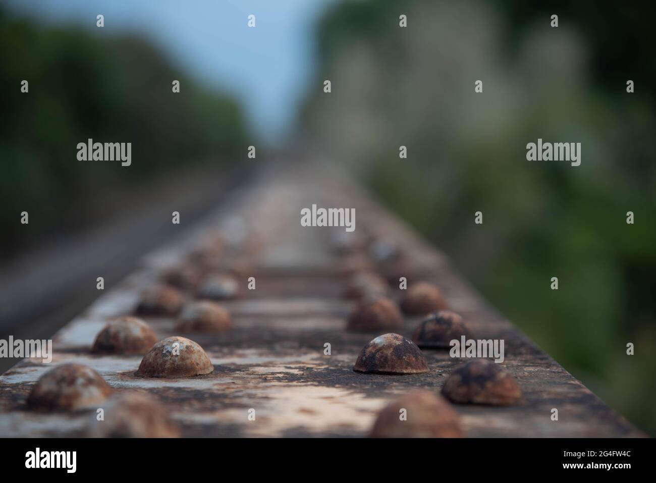 Rivets in metal structure of railway bridge. Transport infrastructure ...