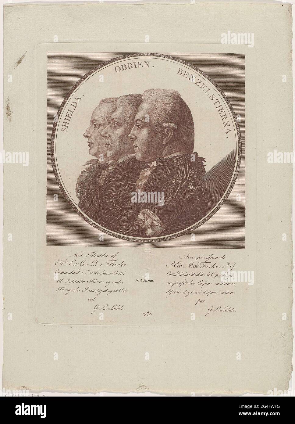 . Three busts to the left, in round list. With caption in French (right ...