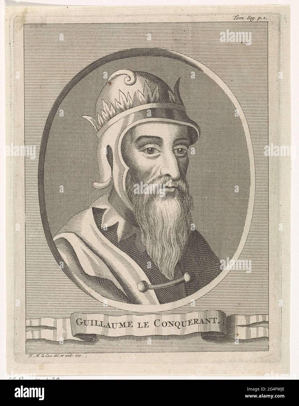 . Portrait of Willem I conqueror with a helmet on his head. At the top ...