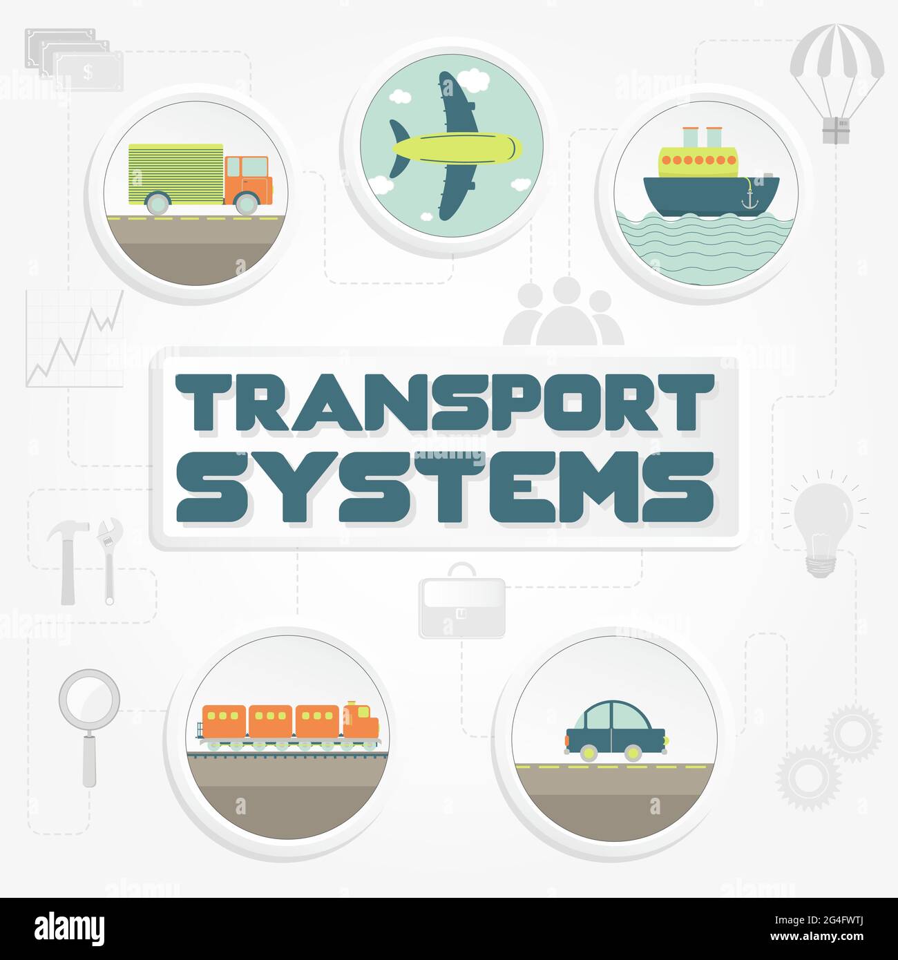 "Transport systems" phrase, transportation (truck, car, ship, airplane ...
