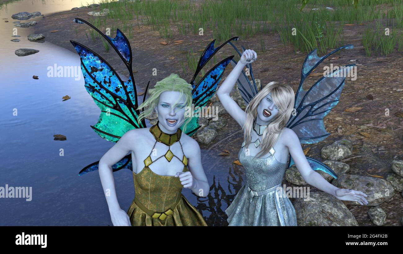 3d illustration of two beautiful winged fairies dancing near a stream ...