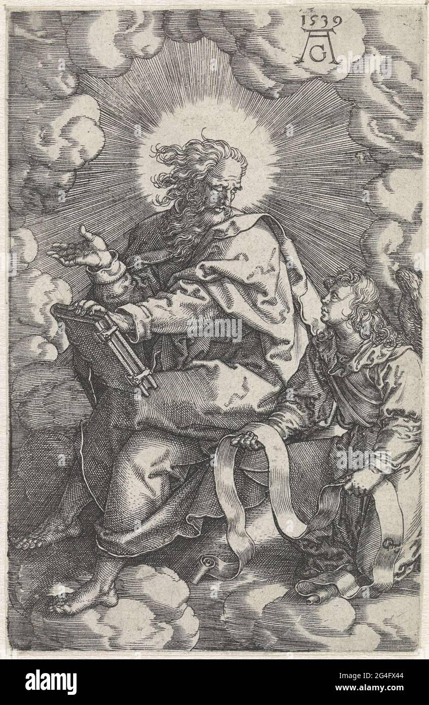 . Matthew the evangelist sitting on a cloud, the gospel in his left ...