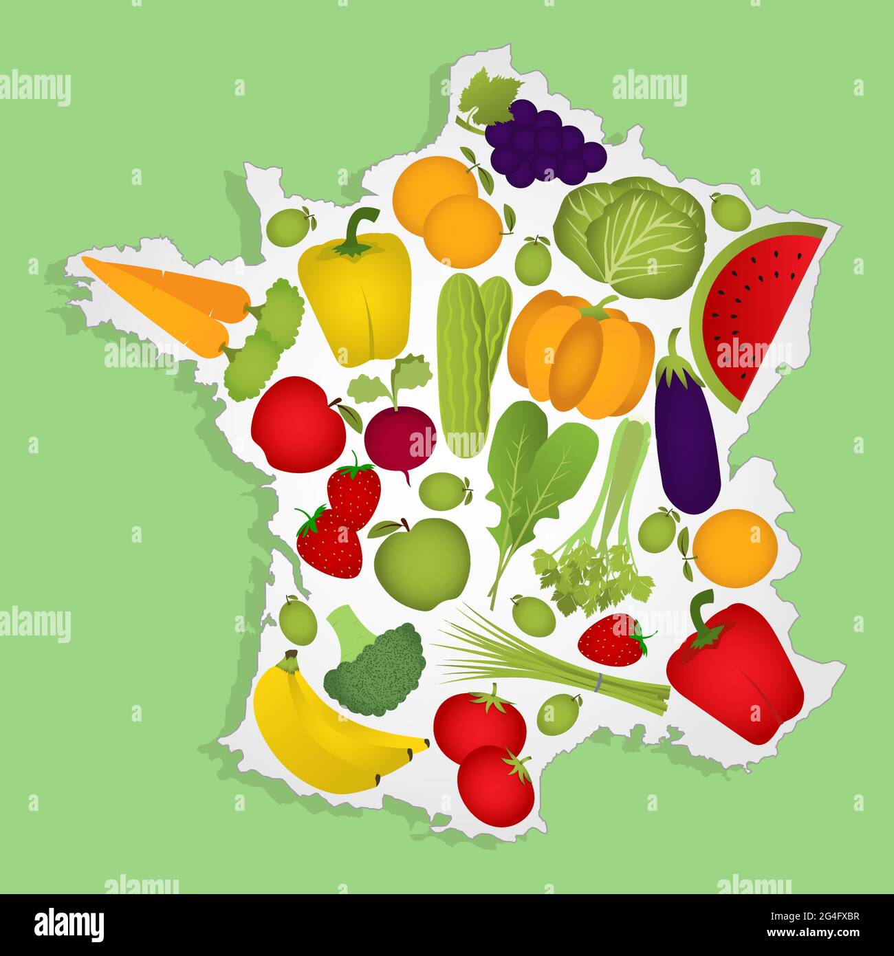 Map of France full of fruits and vegetables (tomato , apple, orange ...