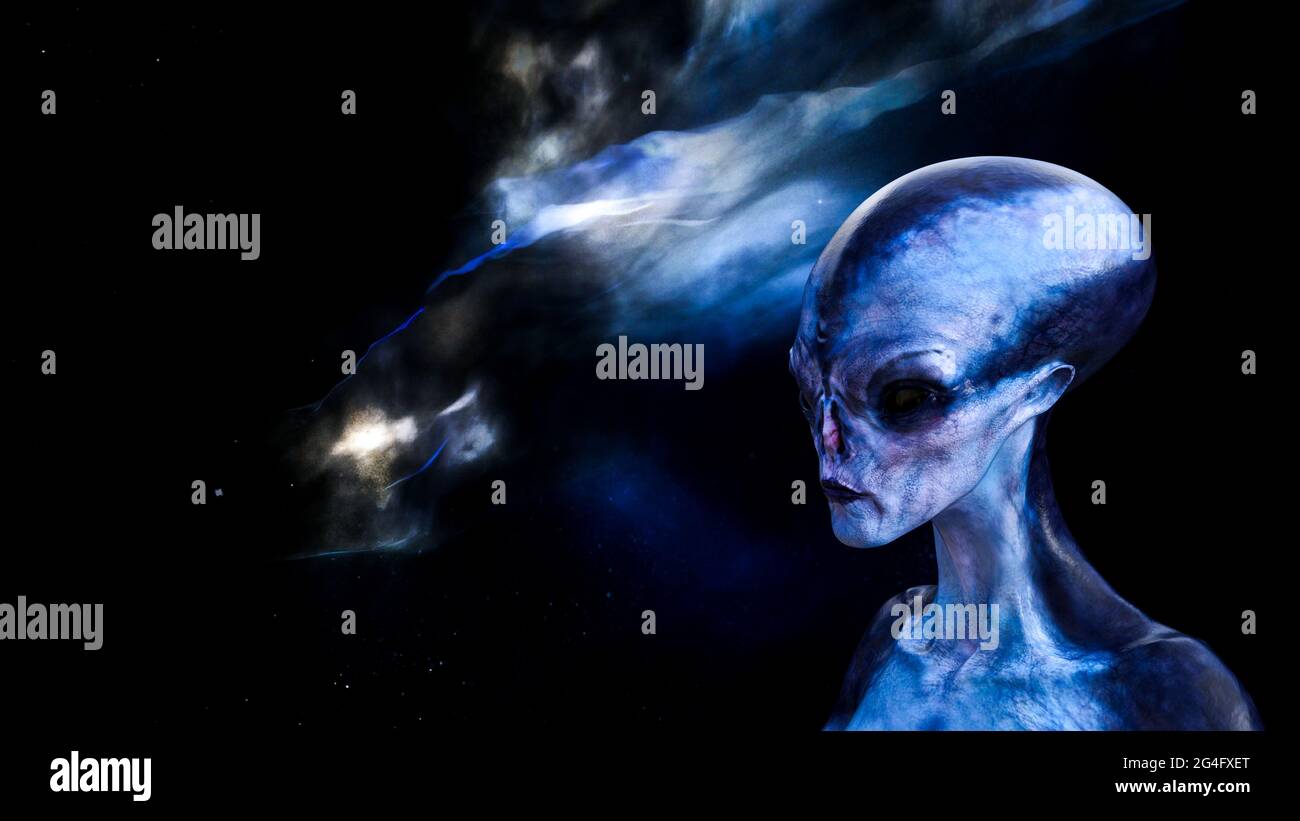 Side profile 3d illustration of an extraterrestrial in space with a ...