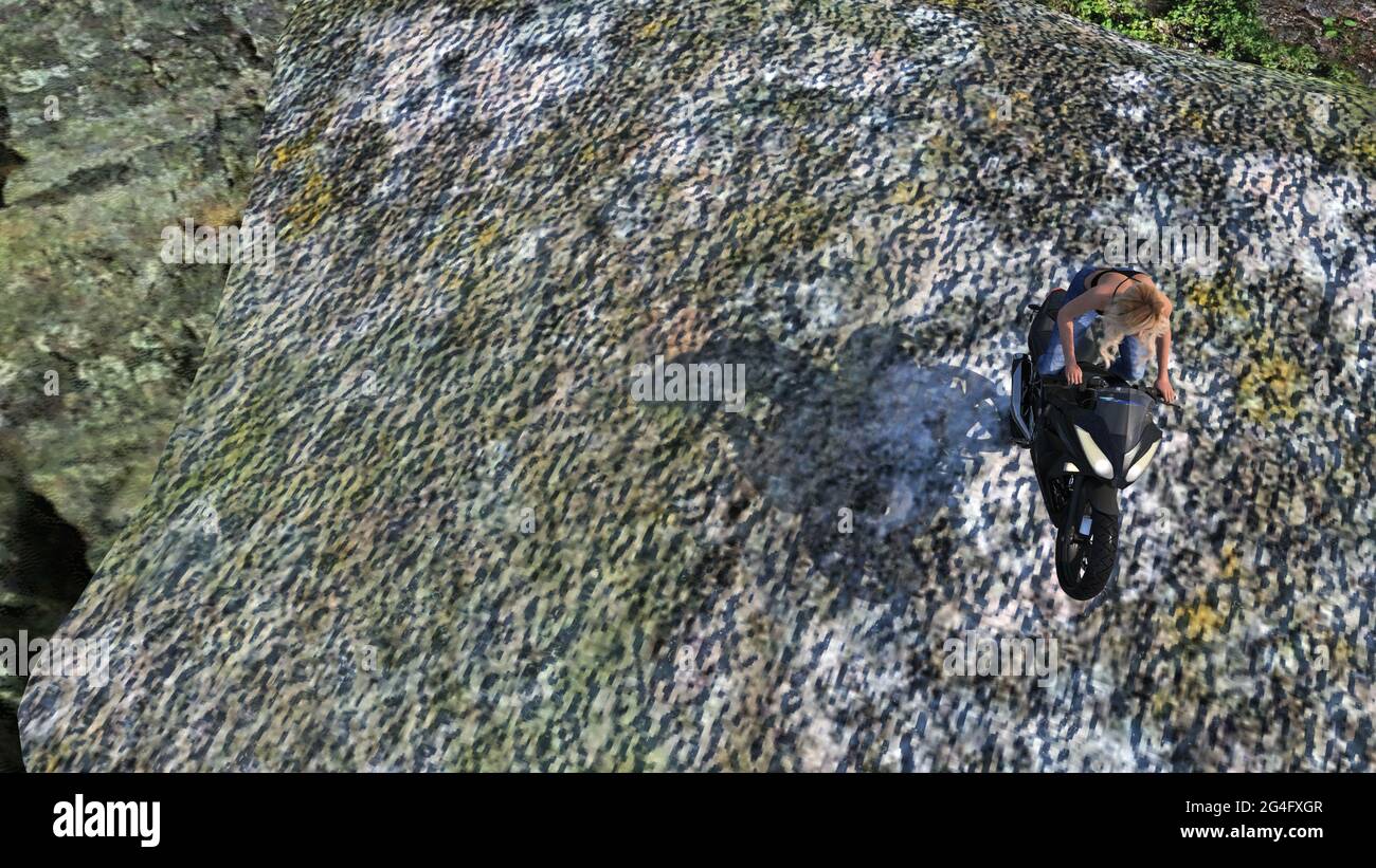 Overhead view 3d illustration of a woman outdoors doing a wheelie on a ...
