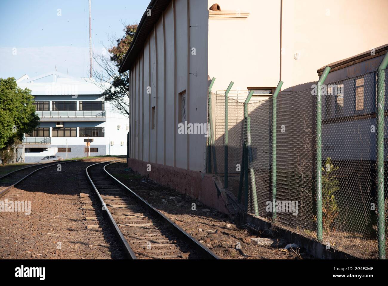 Railroad tracks from the former train station in Brazil. Old train ...