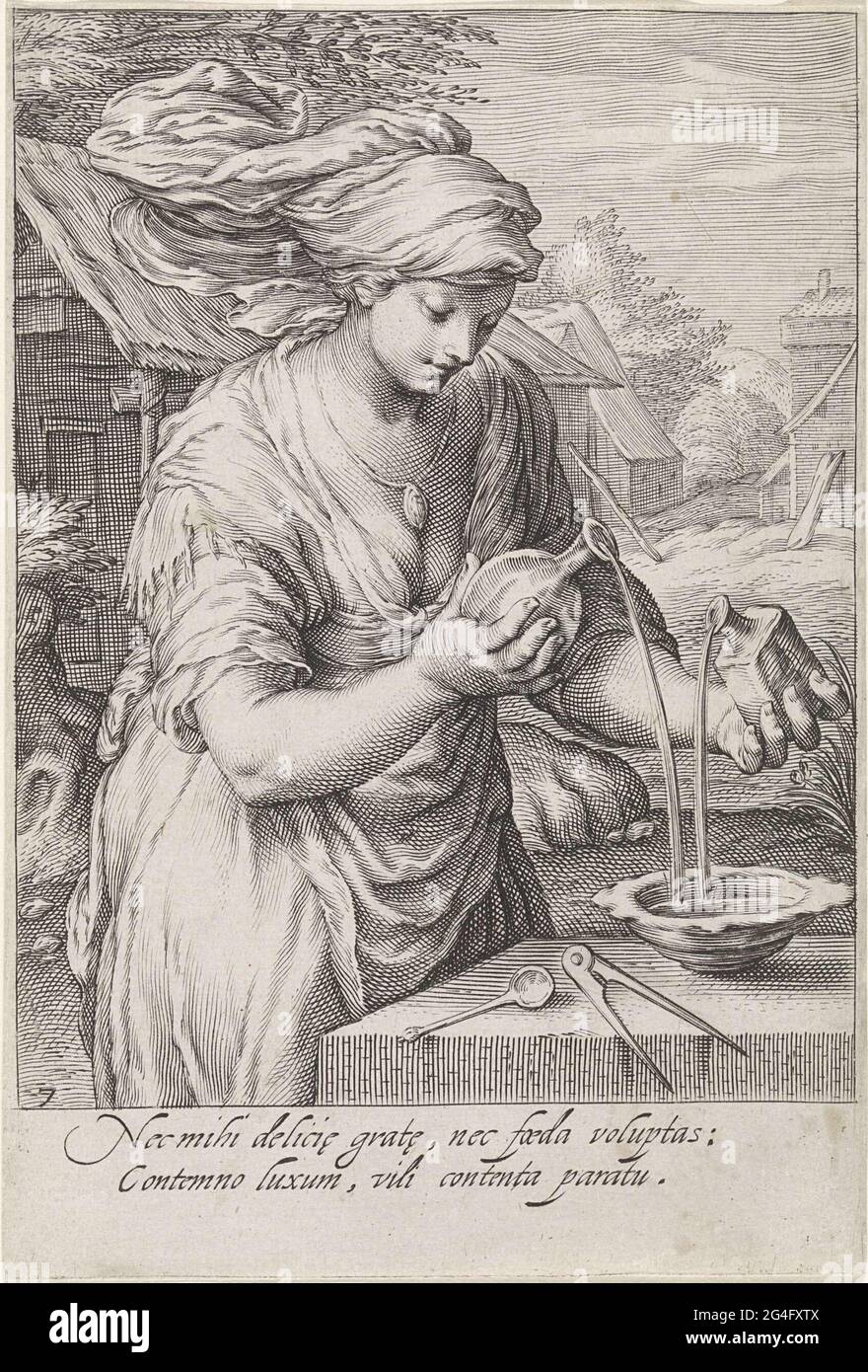 . A women's figure that mixes two liquids from two different bottles in ...