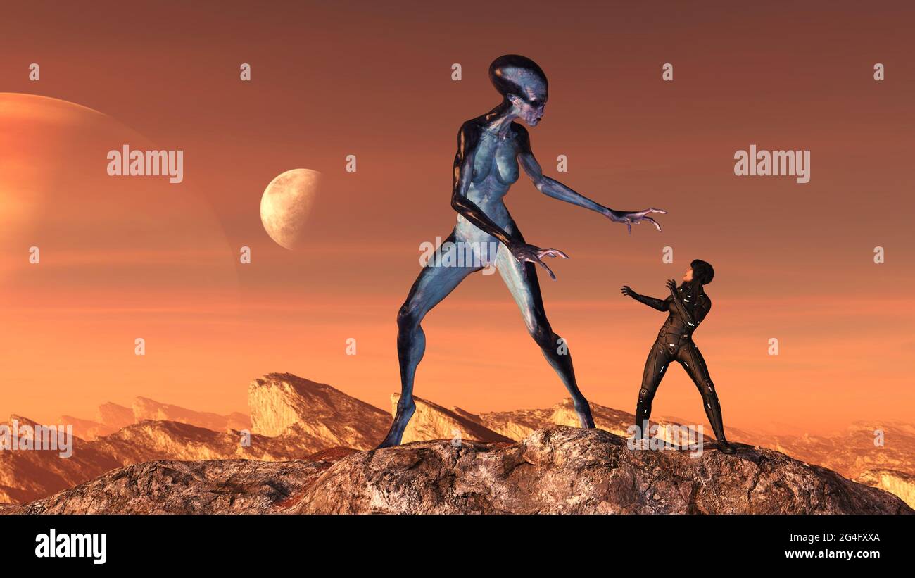Wide 3d illustration of a futuristic female soldier fighting with a ...
