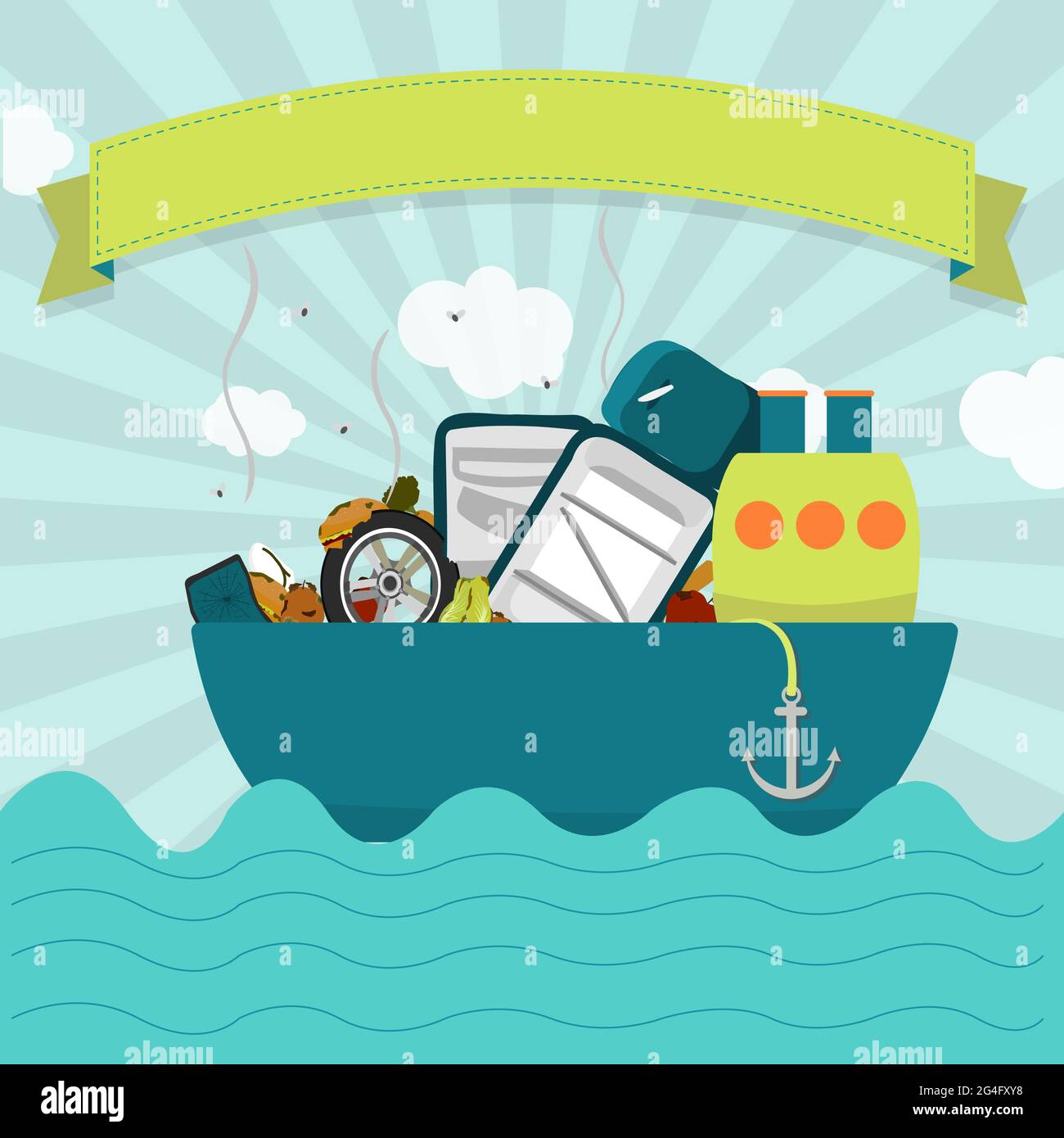 Cargo ship carrying waste, garbage. Blank ribbon for insert text Stock ...