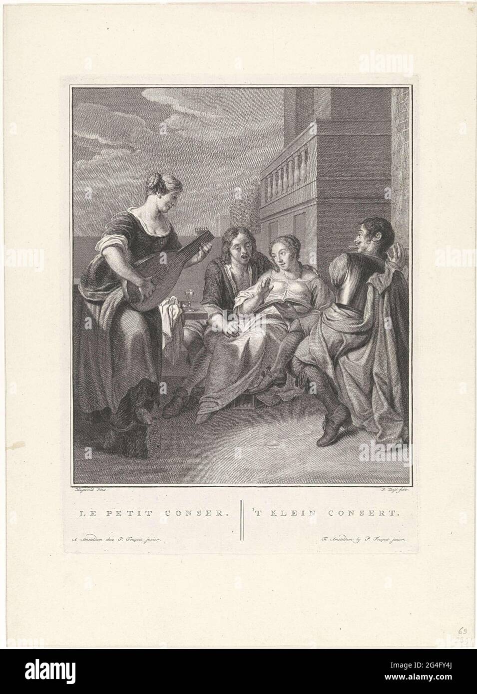 . Four people make music on a terrace in the open air. The woman on the ...