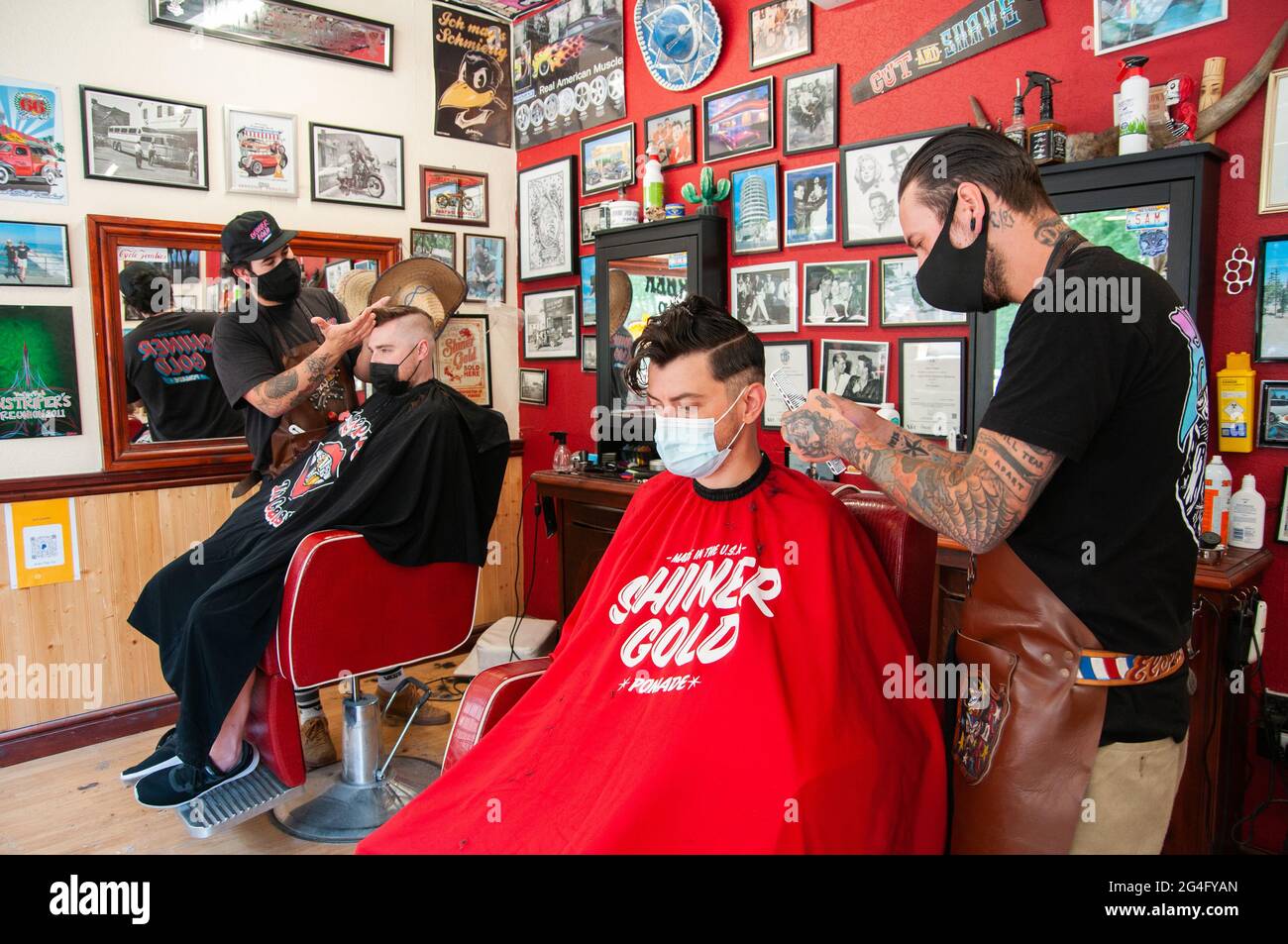 Inside an American style barbershop in the UK Stock Photo - Alamy