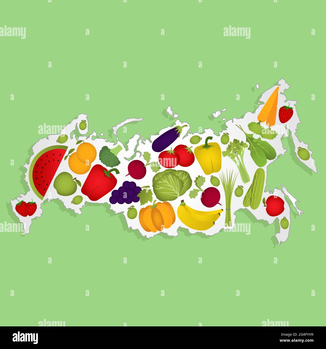 Map of Russia full of fruits and vegetables (tomato , apple, orange ...