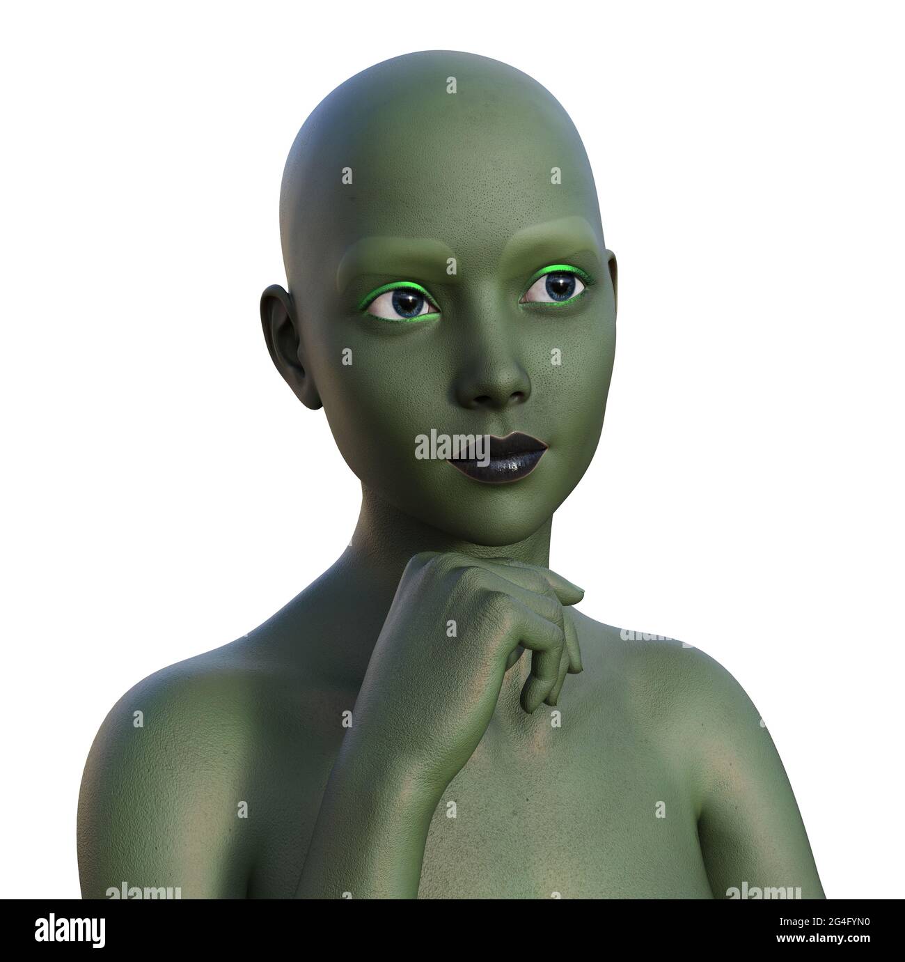 3d illustration of a green alien female with a thoughtful expression on ...