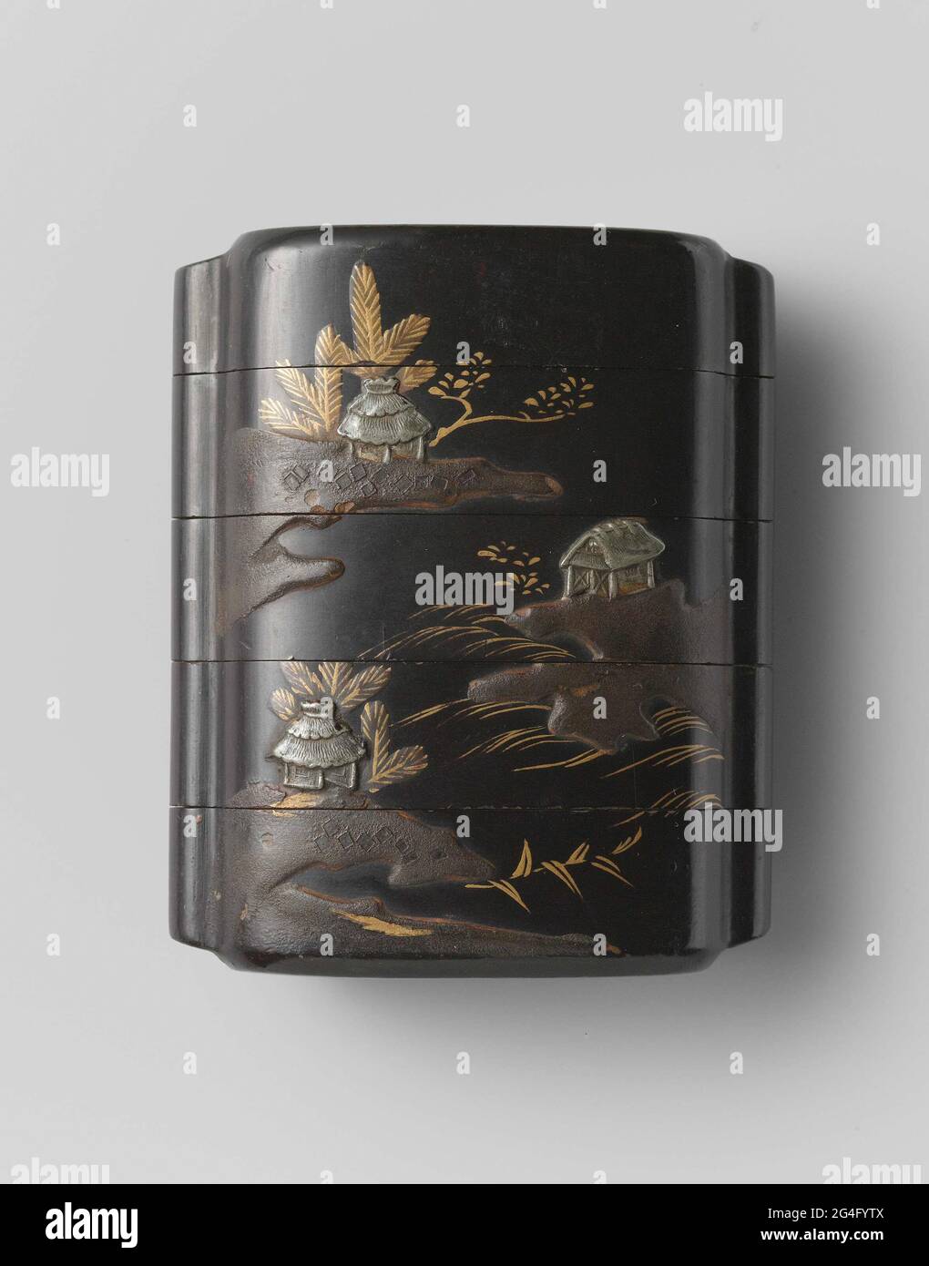 . Five part inro covered with black lacquer on which a river landscape ...