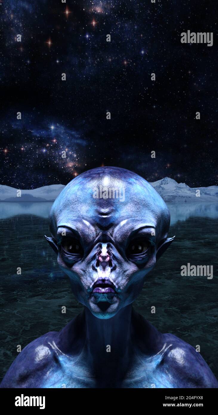 3d illustration of an extraterrestrial on an icy alien world with the ...