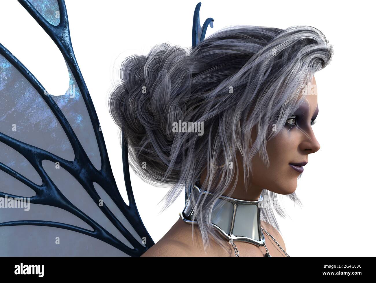 3d illustration of a beautiful winged fairy with blue wings white and ...