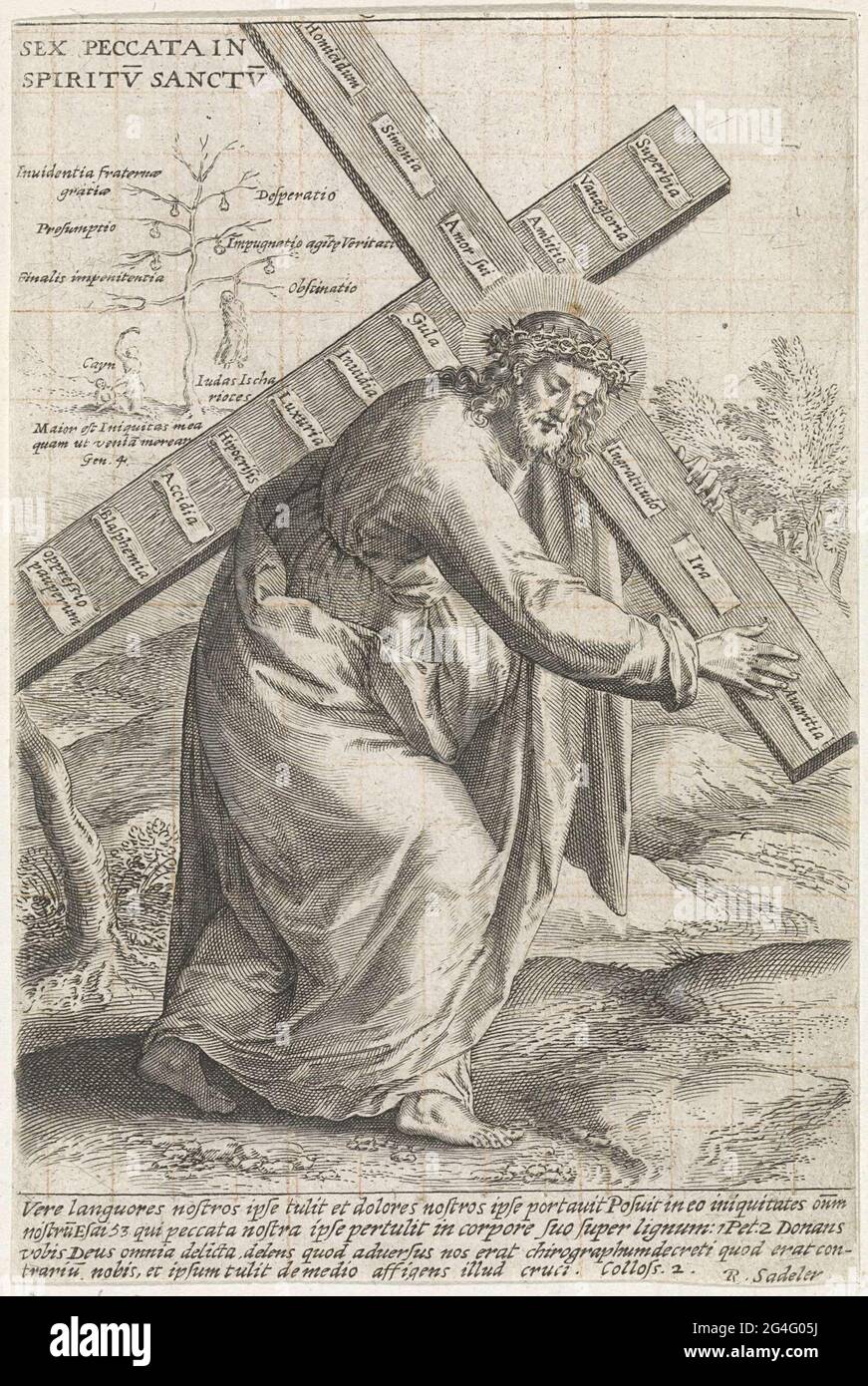 . Christ with the cross on the way to Golgotha. Sixteen sins in Latin ...
