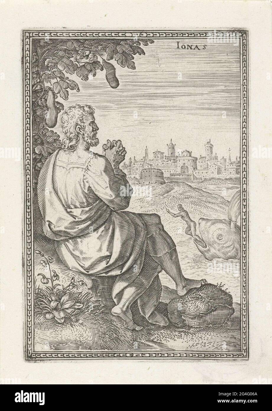 . The prophet Jona near the sea. In the background the fish that Jona ...