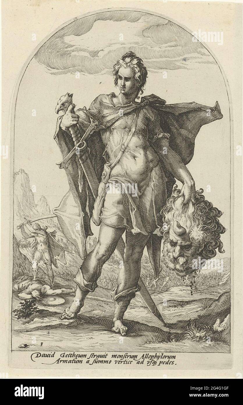 . David with a sword and the head of Goliath. In the background the ...