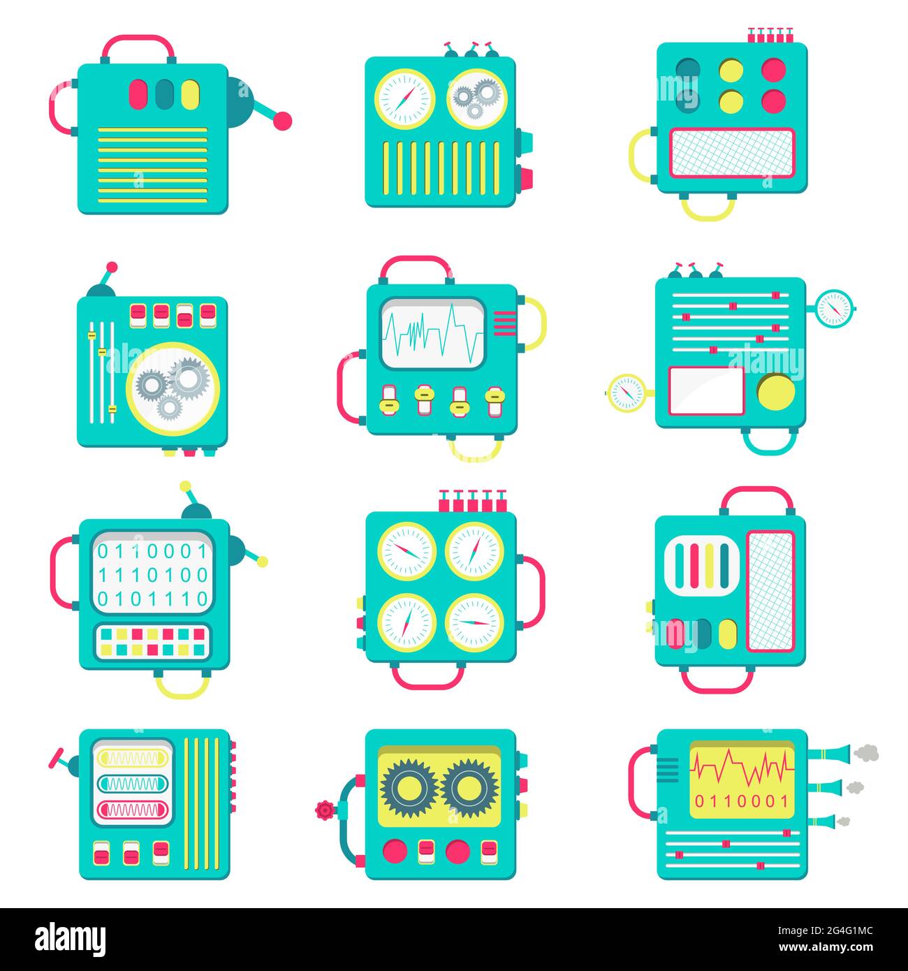 Cute and colorful machines. Square icons. Abstract factory. Flat design ...