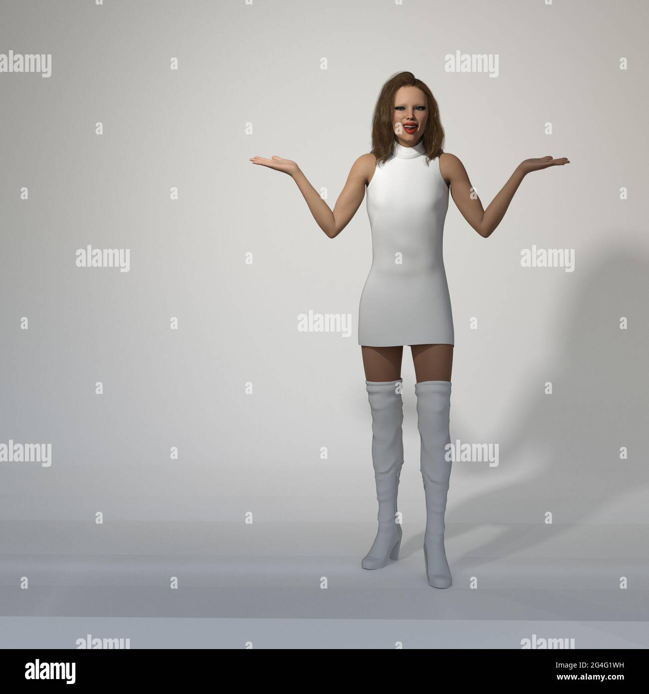 3d illustration of a woman laughing with her hands in a whatever pose ...