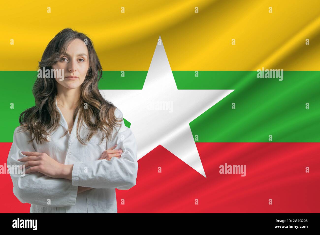 Medicine in Myanmar. Happy beautiful female doctor in medical coat ...