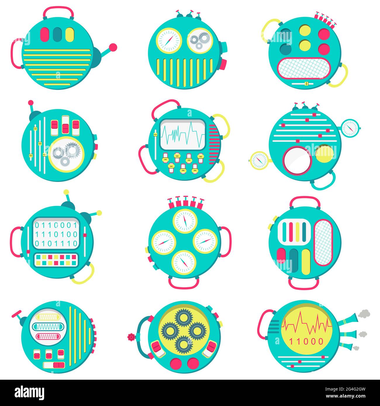 Cute and colorful machines. Round icons. Abstract factory. Flat design ...