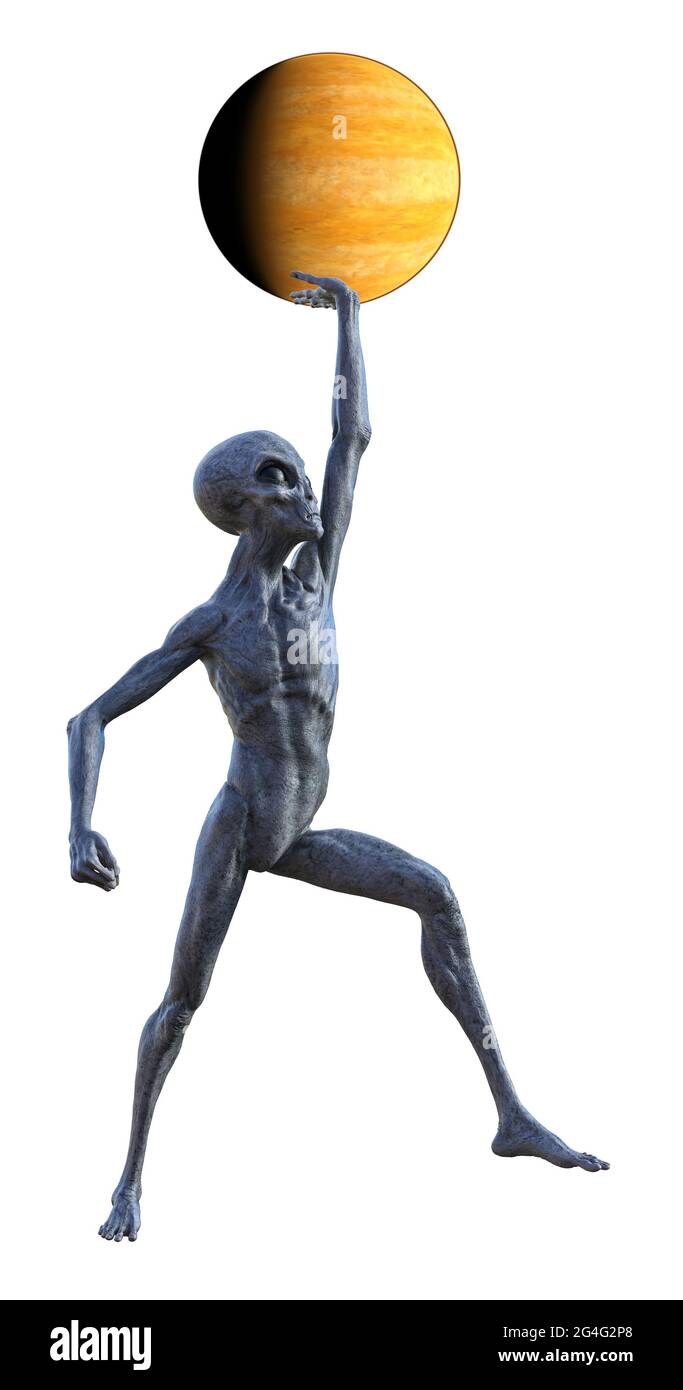 3d illustration of an alien holding a planet above its head isolated on ...