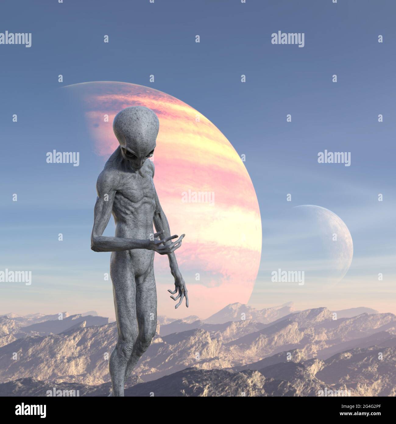 3d illustration of a gray alien looking down with a planet and moon ...