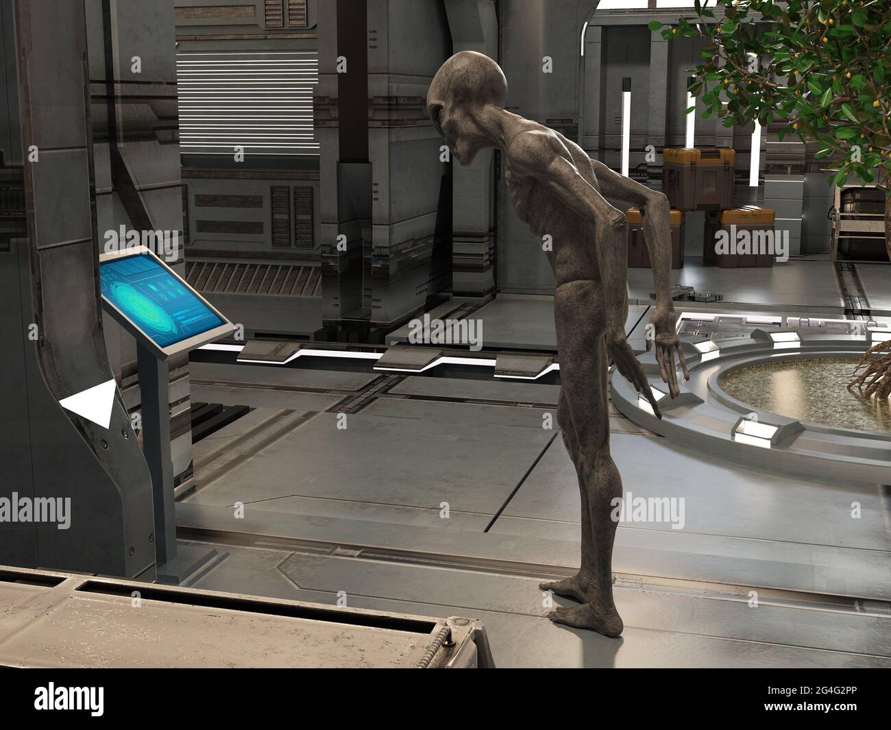 3d illustration of an alien leaning over and looking at a readout ...