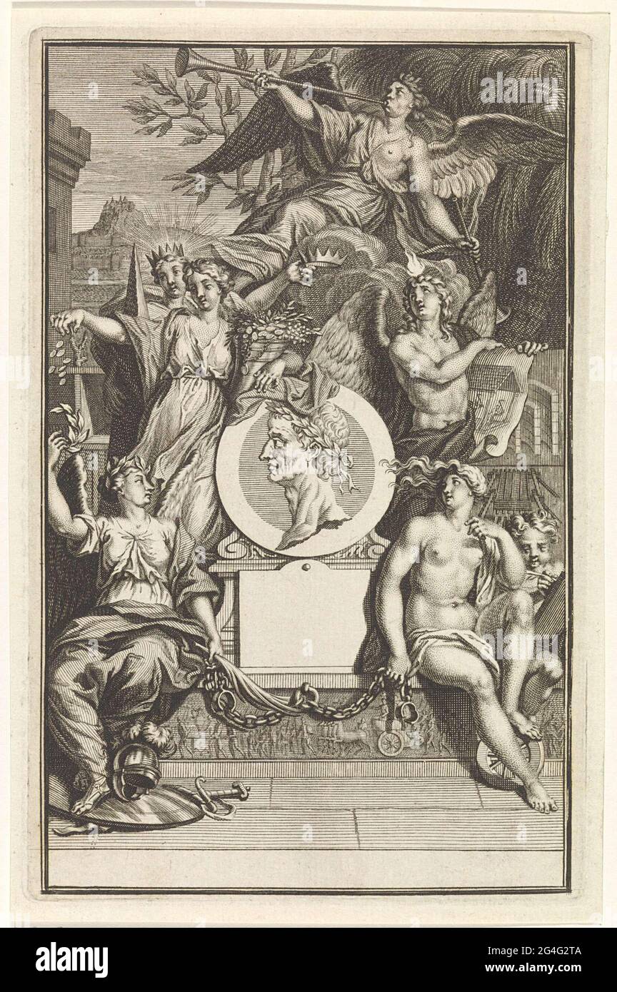 . Allegorical title page with the portrait of Gaius Julius Caesar on a ...